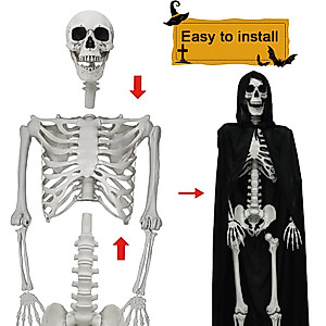 UMEELR 5.4ft/165cm Halloween Skeleton, Poseable Full Size Skeleton with Black Cloak, Life Size Human Bones for Halloween Front Yard Patio Lawn Garden