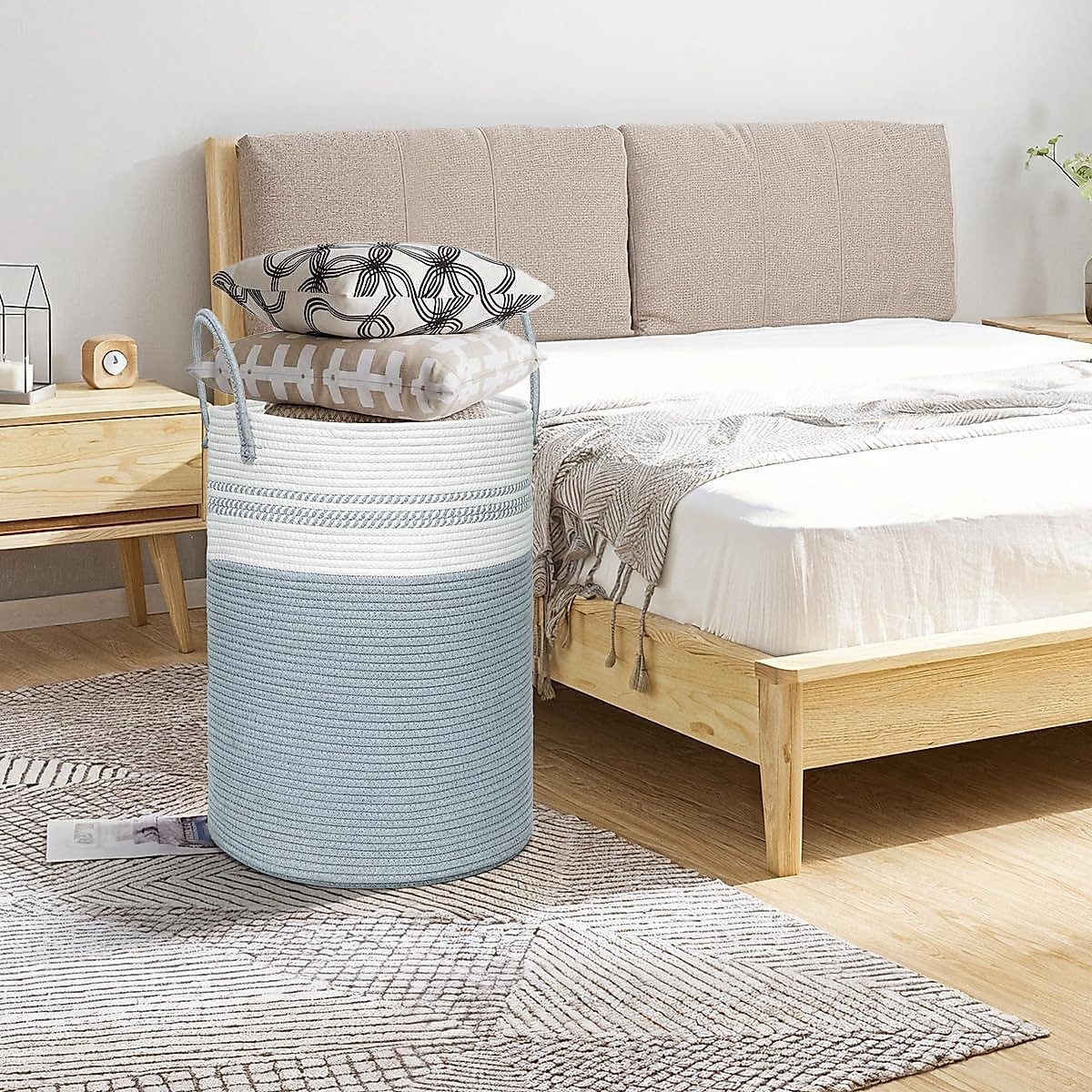 WEAVELYRICS 72L Tall Laundry Basket, Cotton Rope Laundry Hamper, Laundry Hamper with Handles, Decorative Woven Basket for Dirty Clothes, Blankets, Pillows in Bathroom, Bedroom (Gray, 16 x 22in)
