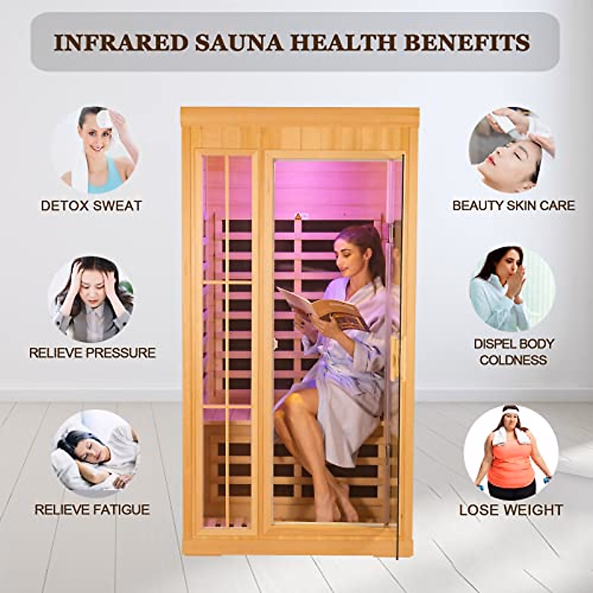 Kanlanth 1 to 2 Person Infrared Sauna, Hemlock Wood Low EMF FAR Infrared Sauna for Home, 1,350watt, Indoor Saunas with Bluetooth, LCD, LED