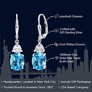 Gem Stone King 925 Sterling Silver Swiss Blue Topaz Dangle Earrings For Women | 5.40 Cttw | Gemstone November Birthstone | Oval 10X8MM | Trillion 5MM