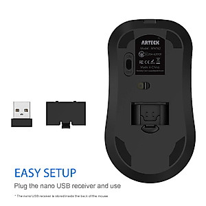 Arteck 2.4G Wireless Mouse with Nano USB Receiver Ergonomic Design Silent Clicking for Computer/Desktop/PC/Laptop and Windows 10/8/7 Build in Rechargeable Battery (Black)