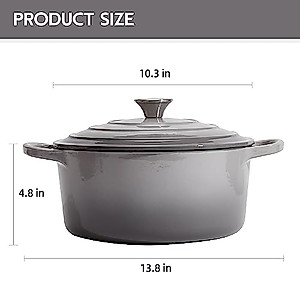 Alathote 6 Quart Enameled Cast Iron Dutch Oven with Lid - Big Dual Handles - Oven Safe up to 500°F - Classic Round Pot for Versatile Cooking Light Gray