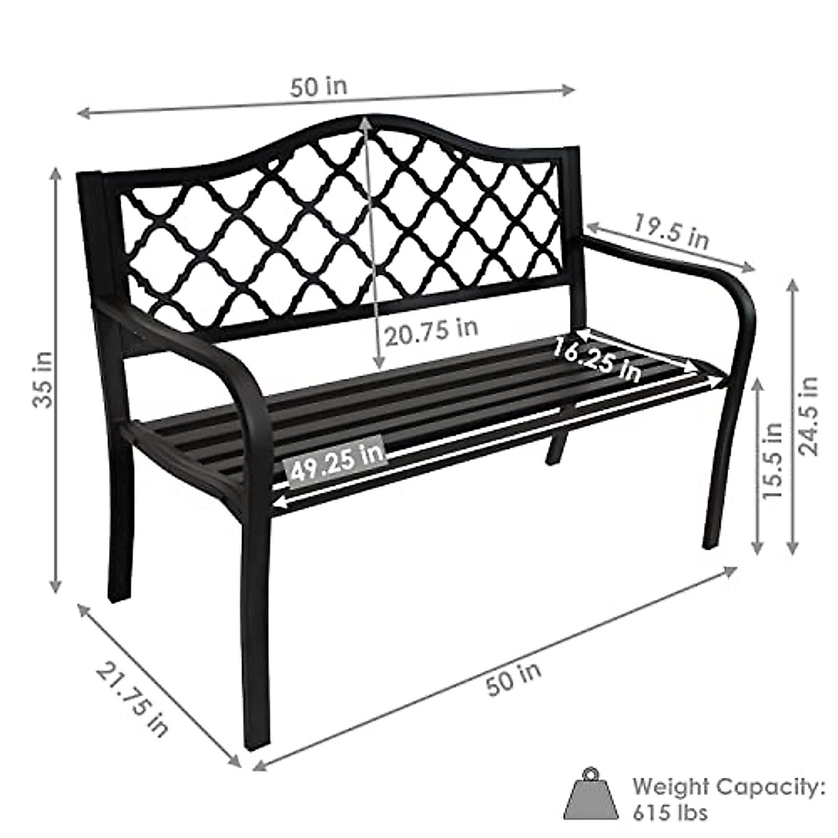 Sunnydaze Outdoor Patio Bench - 2-Person Outside Garden Park Bench Furniture - Durable Cast Iron Metal - Black Lattice Decorative Design - Outdoor Seating for Yard, Porch, Deck, Entryway or Backyard