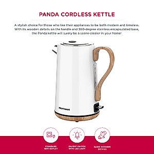 Homeart Panda Cordless Electric Kettle with Wood Detail - Stainless Steel With Removable Filter, Fast Boiling and Auto Shut-off - 1.7L Capacity, White