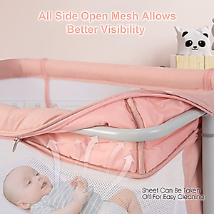 INFANS 3 in 1 Baby Bassinet, Bedside Sleeper for Newborn, Folding Crib with Mattress, Travel Bag, Wheels, 4-Sided Mesh, Easy to Assemble Cradle Co Sleeper Stationary, Rock (Pink)