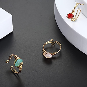 RnBLM JEWELRY 6 PCS Healing Crystal Ring for Women Irregular Crystal Gold Wire Wrapped Ring Gemstone Carnelian Rose Quartz Amethyst Evil Eye Tiger Eyes Adjustable Crystal Ring Set