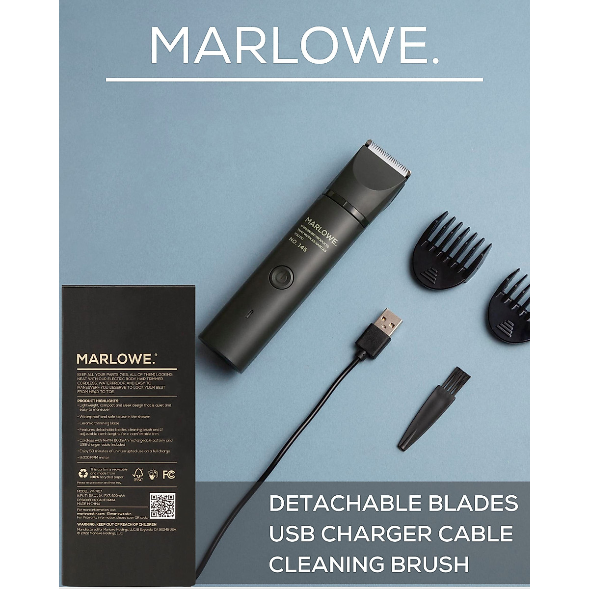 MARLOWE. No. 145 Body Hair Trimmer for Men, Forest Black, Lightweight Waterproof Personal Groomer, Ceramic Blades, Adjustable Comb Lengths & Rechargeable Battery for Head to Toe Male Grooming