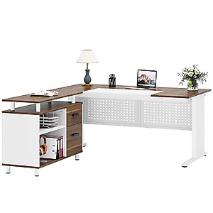 Tribesigns 63 Inch Executive Desk with File Cabinet, Large Office Desk L Shaped Computer Desk with Drawers and Storage Shelves, Business Furniture Desk Workstation for Home Office, White and Walnut