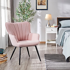 Yaheetech Accent Chair, Modern and Elegant Armchair, Linen Fabric Vanity Chair, Comfy Living Room Chair with Metal Legs and High Back for Living Room Bedroom Office Waiting Room, Set of 2, Pink