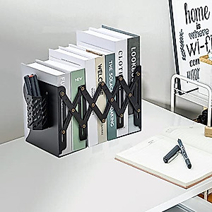 SubClap Adjustable Metal Bookends with Pen Stand Holder, Expandable Book Racks to Hold Heavy Book, Magazines, Telescopic Design Desktop & Bookshelf Organizer Book End for Home Office School, Black