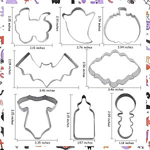 Halloween Themed Cookie Cutter Set, Stainless Steel Skull Bat, Pumpkin Ghost, Bottle Rattle,Onesie Baby Carriage, Biscuit Molds for Baby Shower