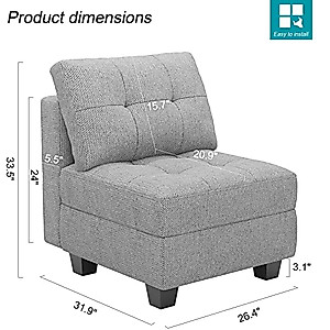 Belffin Middle Module Seat for Modular Sofa Sectional Couch with Storage Accent Armless Sofa Chair Modern Fabric Light Grey
