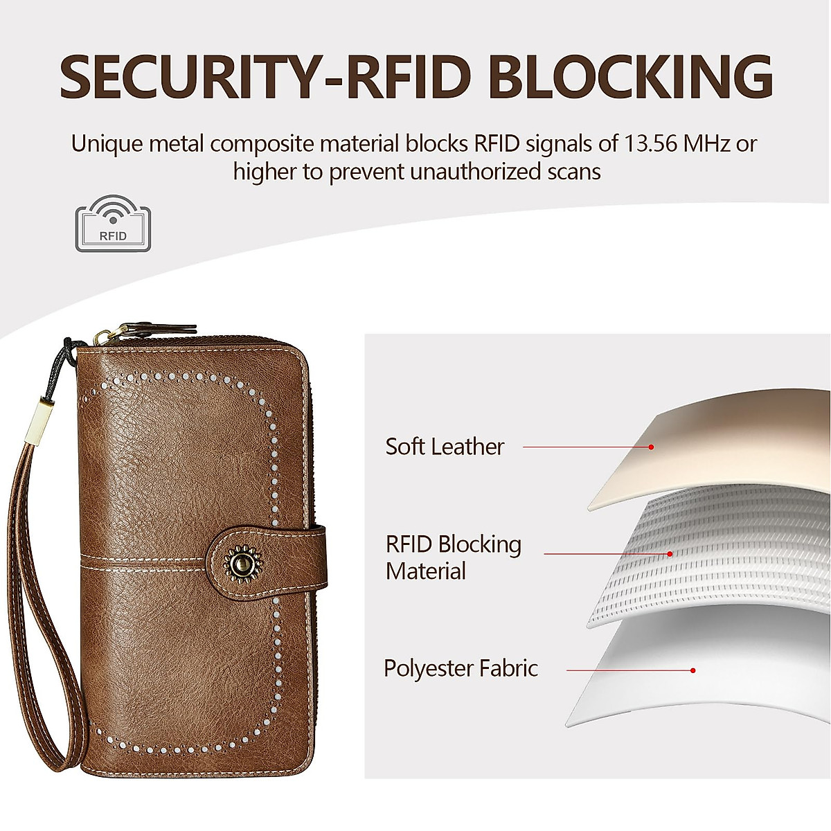 TFKGS Wallet for Women RFID Blocking Leather Large Capacity Card Holder Ladies Phone Clutch Travel Long Purse Wristlet Brown