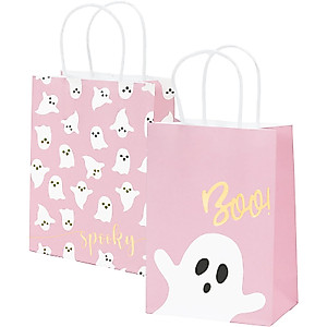 JarThenaAMCS 24Pcs Halloween Paper Gift Bags with Handles Pink Ghost Party Favor Bags Candy Goodie Treat Bags for Halloween Birthday Party Supplies