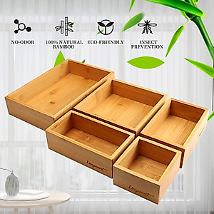 Linyuant 5-Piece Bamboo Drawer Organizer for Kitchen, Multi-use Luxury Storage Wooden Box Kit, Varied Sizes Utility Drawer Organizer, for Kitchen Bedroom Office Home Jewellery