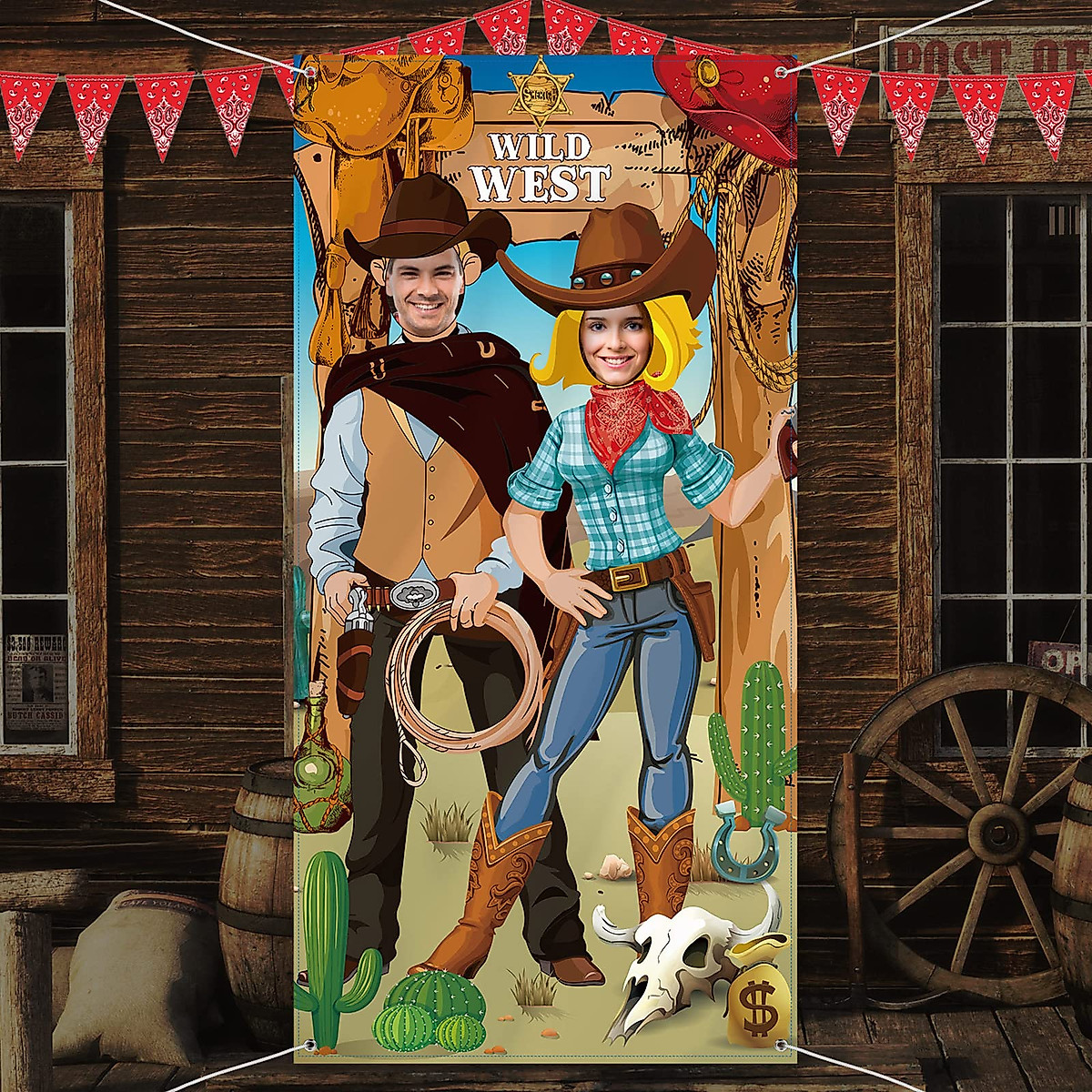 Western Party Decorations, 6 x 3 ft, Cowboy Photo Props Large Fabric West Themed Door Banner Background, Funny Western Games Supplies