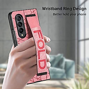 Omio Designed for Samsung Galaxy Z Fold 3 Leather Case with S Pen Holder & Strap, Wrist Strap Leather Back Cover Case Hard PC Shockproof Finger Grip Case for Galaxy Z Fold 3 Men Women Girls, Pink