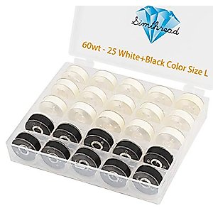 Simthread 25pcs 15White + 10Black Prewound Bobbin Thread Size L (SA155) 60WT for Brother Husqvarna Pfaff Embroidery Thread Sewing Thread Machine with Clear Storage Plastic Case DIY