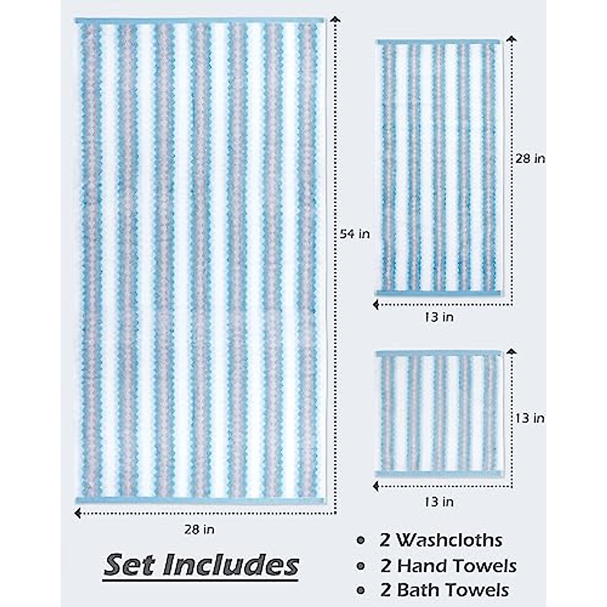 Jacquotha 6 Piece Soft and Absorbent Bathroom Towel Set, 2 Bath Towels, 2 Hand Towels, 2 Washcloths, Stripe and Cut Velvet Design, Cotton Lightweight Thin Towel Sky Blue