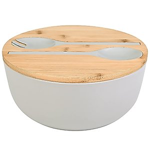 Bamboo Fiber Salad Bowl with Servers Set - Large 9.8 inches mixing bowls Solid Bamboo Salad Wooden Bowl with Bamboo Lid Spoon for Fruits,Salads and Decoration (Grey, 9.8INCH)