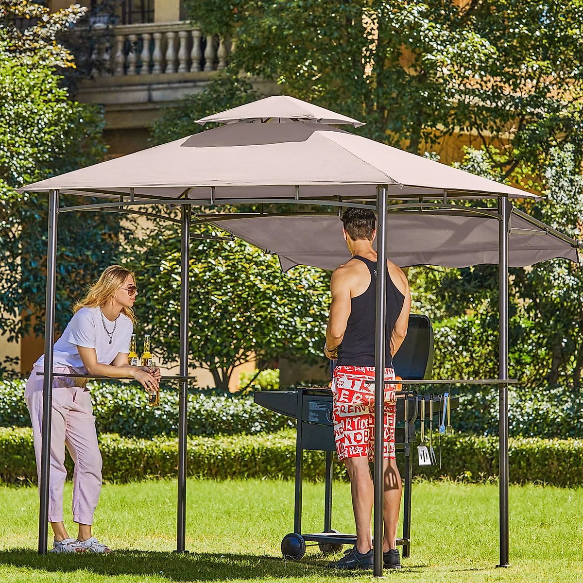 CHARMELEON Double Tiered Grill Gazebo 5x8, Outdoor BBQ Patio Canopy Tent with Stretchable Side Awning (Beige)