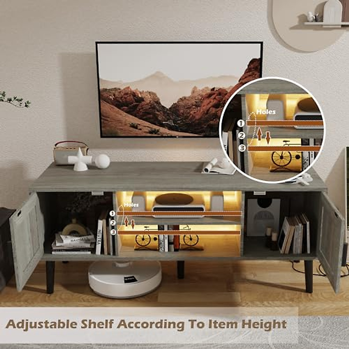 Hiwelldas TV Stand for 55 inch TV with Charging Station & 2 USB Ports Entertainment Center with Rattan Doors & Adjustable Shelf & LED Strip Boho Media Console for Living Room, Bedroom (Light Grey)