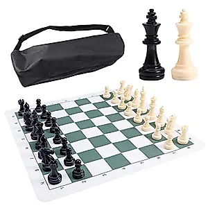Tournament Chess Mat with Chess & Storage Bag, PU Leather Tournament Roll Up Chess Board, Chess Rollable Chessboard, Chess Mat Set for Kids and Adults (34cm with Chess Set)