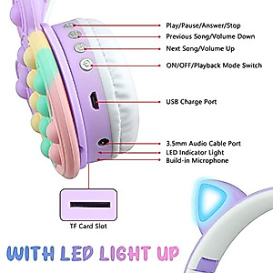 WESADN Bluetooth Headphones Wireless with Microphone Fidget Bubbles Cute Cat Ear with LED Light Up Over Ear Headphones for Girls Boys Women Pop Gaming Headset On Ear for Smartphone Tablet PC, Purple