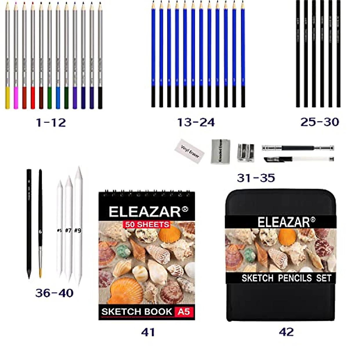 ELEAZAR 42 Sketch Sets, Professional Art Supplies, Colored Pencils, Graphite Pencils, Charcoal Pencils, Watercolor Pencils and Sketching Pencils for Artists, Adults, Teens and Beginners…