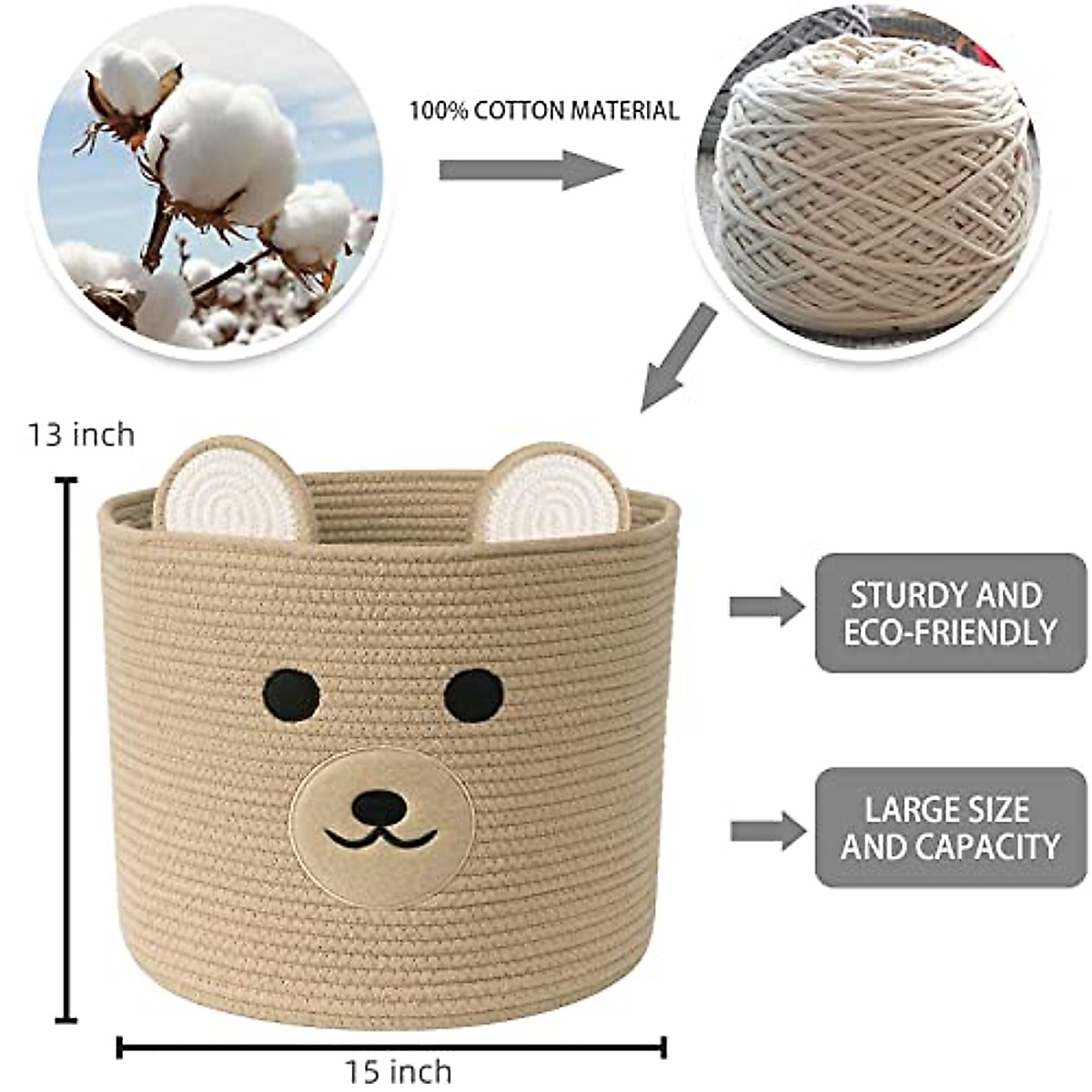 Bear Laundry Baskets Laundry Hamper Storage Basket with Handles,Decorative Basket for Living room,Woven Storage Basket for Toys Bin Pillows Blankets Clothes (Khaki)