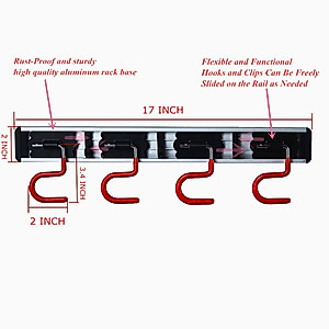 QBOSO Wall Mounted Mop and Broom Holder Stainless Steel S Type Broom Rack Anti-Slip Mop Organizer (17 Inches ,4 Positions 3 Hooks , Red black)