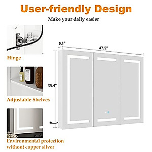 ECACAD LED Lighted Bathroom Medicine Cabinet with Mirror & Shelves, Wall Mounted Bathroom Mirror Cabinet with 3 Doors, Defogger， Adjustable Light Color & Brightness, White