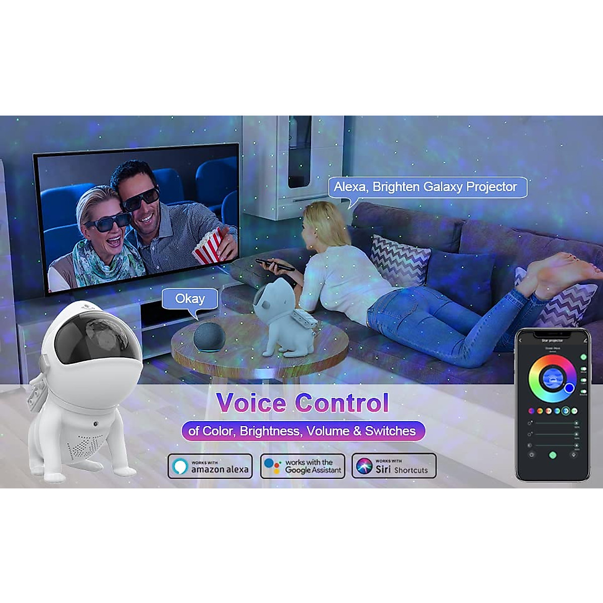 Alexa Galaxy Projector Space Dog with 360 ° Adjustable Design, Smart Star Projector Work with Google Siri, Proyector de Estrellas Astronauta Perro w/ 8 White Noises, Bluetooth Speaker, Timer