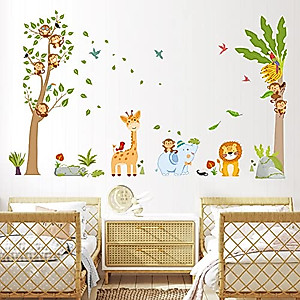 AnFigure Jungle Animal Wall Stickers Giraffe Elephant Lion Wall Decals Forest Monkey Tree Wall Stickers for Kids Girls Boy Baby Room Nursery Playroom Daycare Bedroom Kindergarten Wall Decor