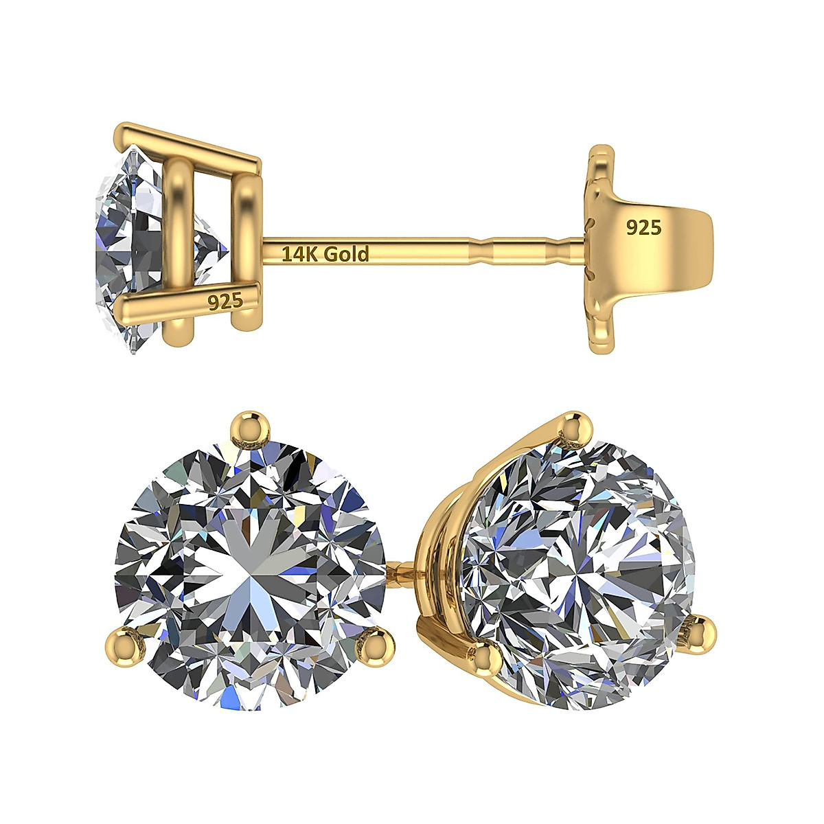 Central Diamond Center 14K Gold Post & Sterling Silver Zirconia 3 Prong Martini Stud Earrings- Yellow Gold Plated 6.50mm 2.00ctw