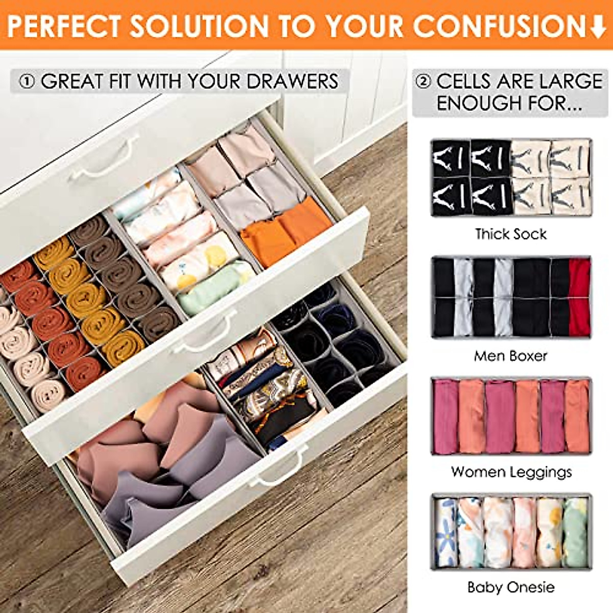 9 Pack Sock Underwear Drawer Organizer Dividers, 122 Cells Fabric Foldable Dresser Drawer Organizers for Bra, Sock, Undies, Belt, Tie, Scarf