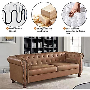 LAVHOME Chesterfield 3 Seater Velvet Button Tufted Sofa, Upholstered Couch with Nailhead Arms Solid Wood Legs for Living Room Office Bedroom Apartment (Brown)