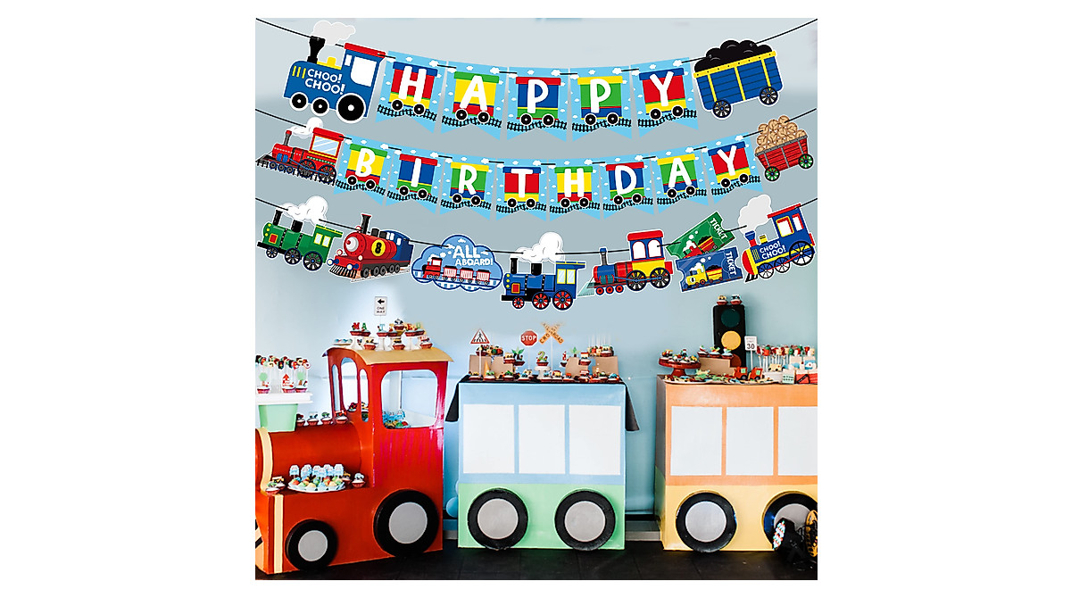 Train Birthday Party Banner Decorations for Steam Train Theme
