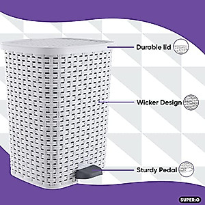 Superio 6.8 Gallon Wicker Step On Trash Can with Foot Pedal – Outdoor and Indoor Trash Can, Waste Basket for Bathroom, Kitchen, Office, Patio, or Backyard – White Smoke