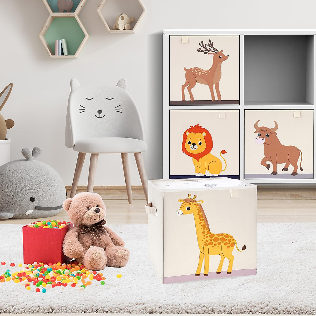 Livememory 13 inch Kids Cube Storage Bins - Foldable Animal Storage Cube for Children Toddler Nursery, 4 Pack (Giraffe, Deer, Bull, Lion)