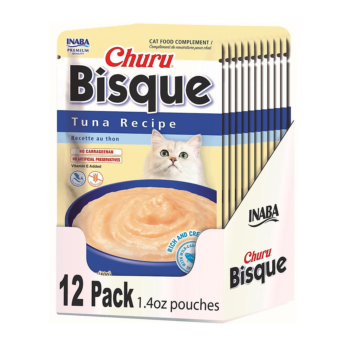 INABA Churu Bisque for Cats, Creamy Lickable Purée Side Dish with Vitamin E, 1.4 Ounces per Pouch, 12 Pouches, Tuna Recipe