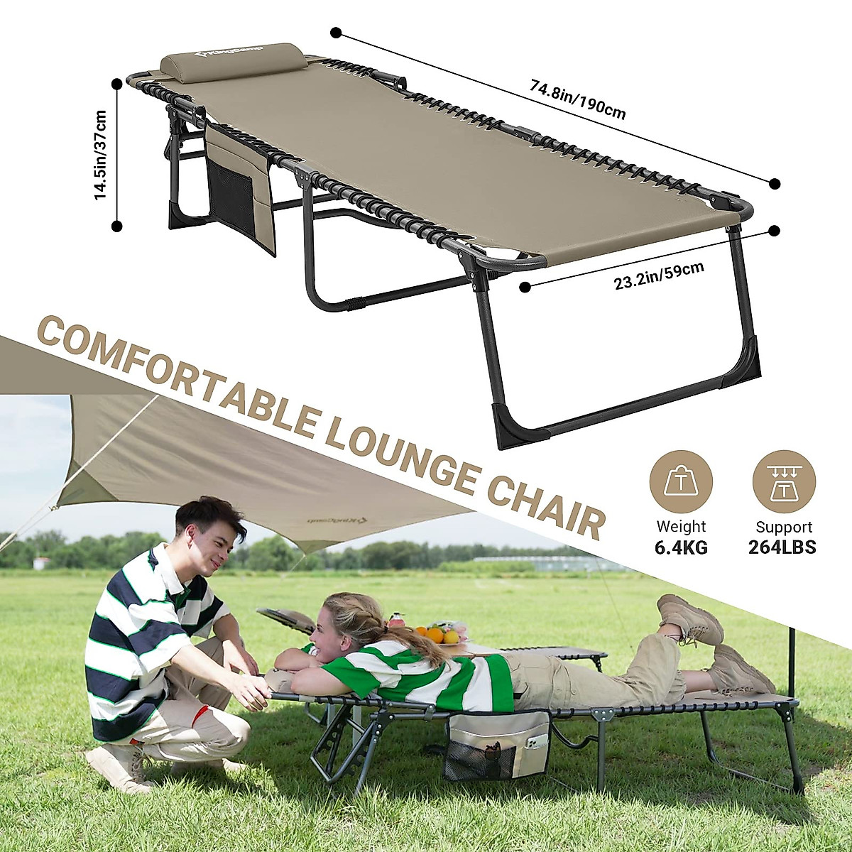 KingCamp Set of 2 Outside Folding Chaise Lounge Chair for Outdoor Beach, Sunbathing, Patio, Pool, Lawn, Portable Lightweight Heavy-Duty Adjustable Camping Reclining Chair with Pillow