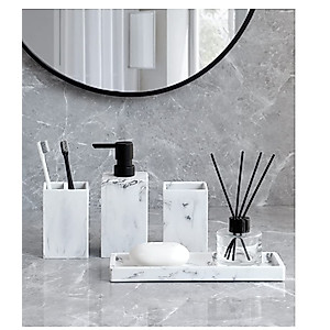 ZHANWANGJIAJU Bathroom Accessory Set Complete Vanity Top Decoration Set Marble Pattern Lotion Dispensing Soap Dispenser, Toothbrush Holder, Soap Pump, Tray (White)