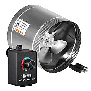 iPower GLFANXBOOSTER8CTRLV1 8 Inch 420 CFM Booster Fan Inline Duct Vent Blower with Variable Speed Controller Adjuster,Low Noise,Silver