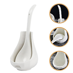 Luxshiny Hot Pot White Ceramic Soup Ladle with Rest Set Porcelain Big Ladle Spoon Asian Soup Tureen Spoon Flatware for Stews Gravy Sauce Soup Spoon Stand