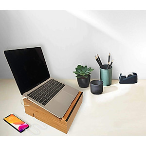 G.U.S. Laptop Stand and Organizer with Built-in Power Hub and Dry Erase Board. Perfect for Work from Home. Multifunctional and Sturdy with Redesigned Stand. (Bamboo)
