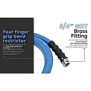 AG-LITE BSAL3406 3/4" x 06' Hot/Cold Water Rubber Garden Hose, 100% Rubber, Ultra-Light, Super Strong, 500 PSI, 50F to 190F Degrees, High Strength Polyester Braided
