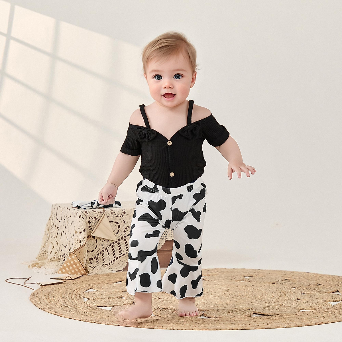 Lefyira Cow Print Bell Bottoms Baby Girl Off Shoulder Short Sleeve Romper Rib Knit Button Bodysuit Flare Pants Headband Outfit (Black, 18-24 Months)
