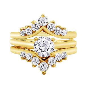 AFFY 1.48 Carat Round White Cubic Zirconia Chevron Enhancer Guard Ring 14K Yellow Gold Over Sterling Silver Ring Size-5