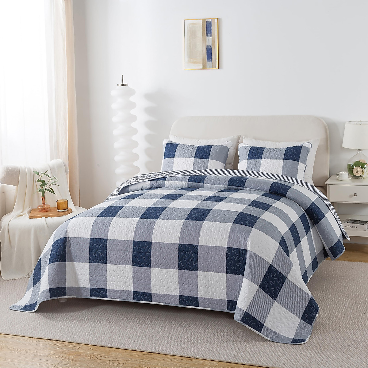 Soul & Lane Checks and Stripes Quilts Set - King Size with 2 Shams, Blue and White Buffalo Plaid Quilted Bedspread, Lightweight Navy Checkered Gingham Bedding, Cozy Lodge-Style Check Design
